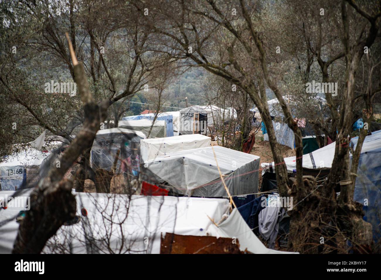 General view of everyday life in Moria. Handmade tents on the hills of ...