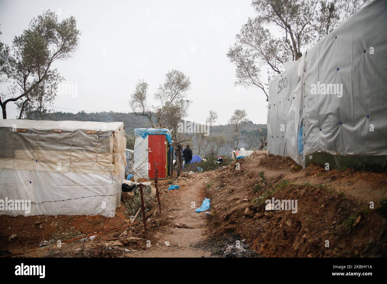 General view of everyday life in Moria. Handmade tents on the hills of ...
