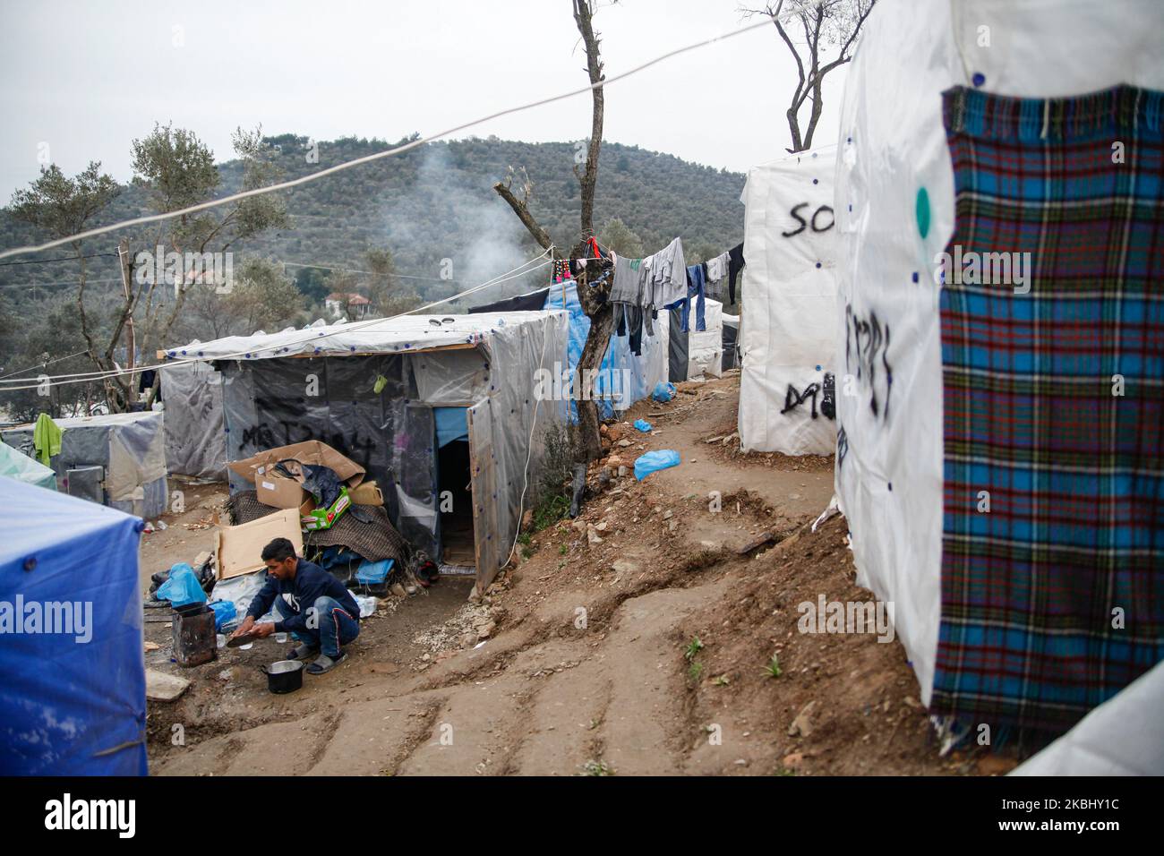 General view of everyday life in Moria. Handmade tents on the hills of ...