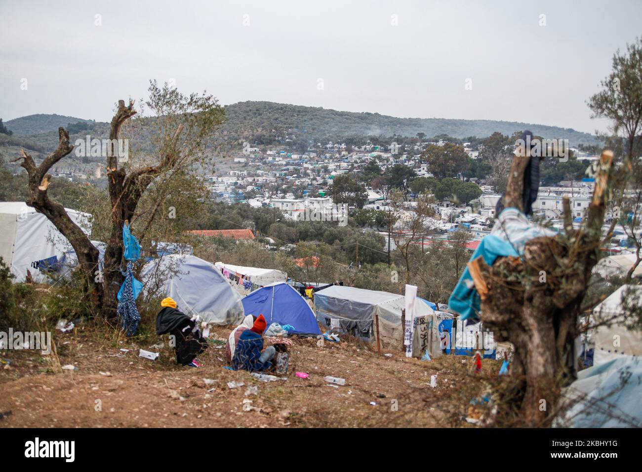 General view of everyday life in Moria. Handmade tents on the hills of ...