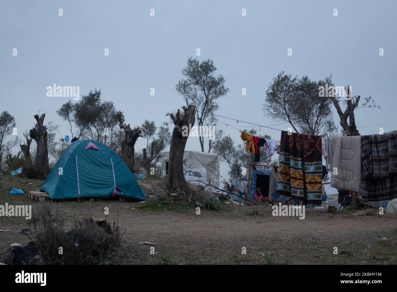 General view of everyday life in Moria. Handmade tents on the hills of ...