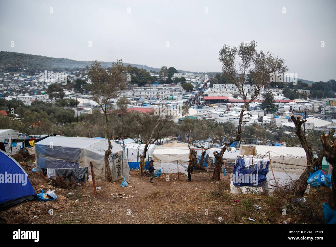 General view of everyday life in Moria. Handmade tents on the hills of ...
