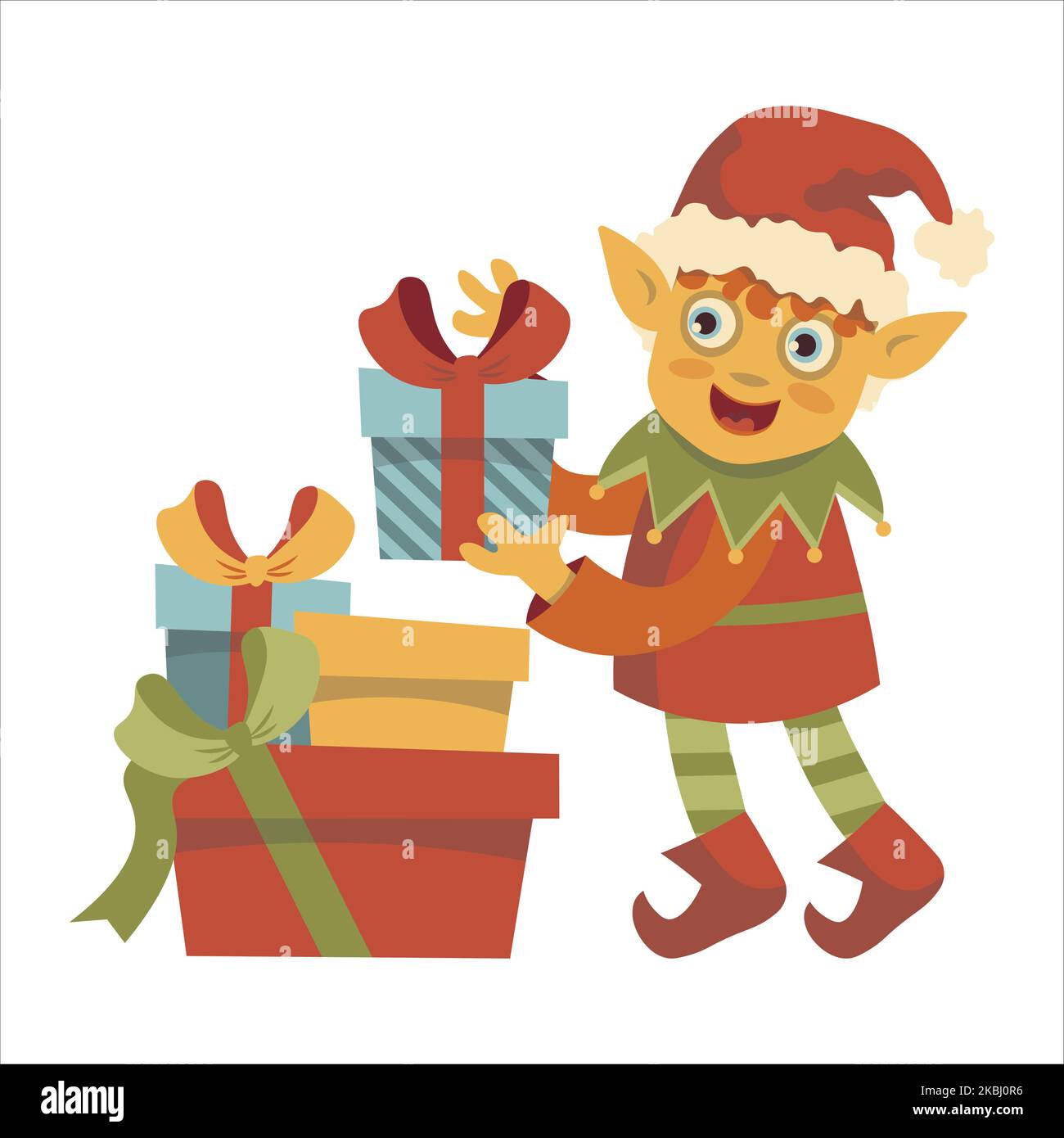 christmas elf stacking presents in stack of presents vector character ...