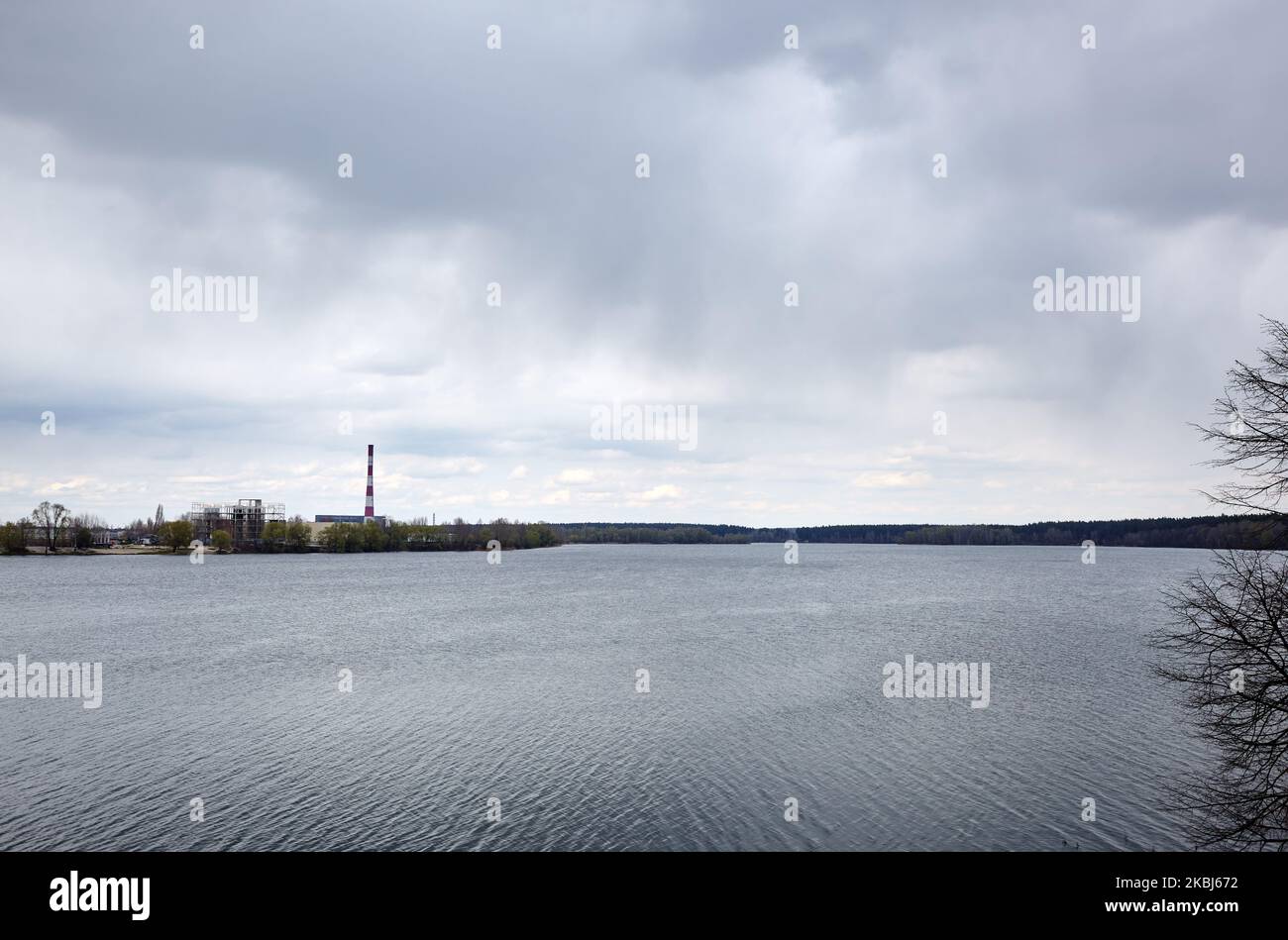 Landscape of power plant against the nature background. View of power ...