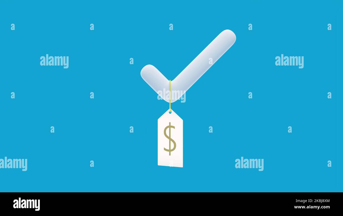 Big White 3D Tick or Check mark with Blue price tag dangling. Blue ...