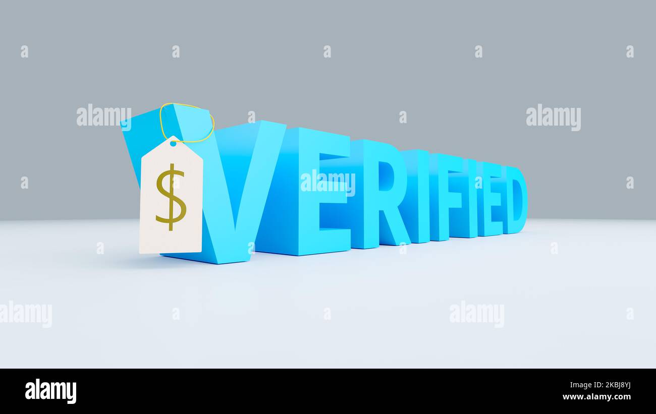 Big Blue 3D VERIFIED text with price tag dangling. Grey Background. 3D ...
