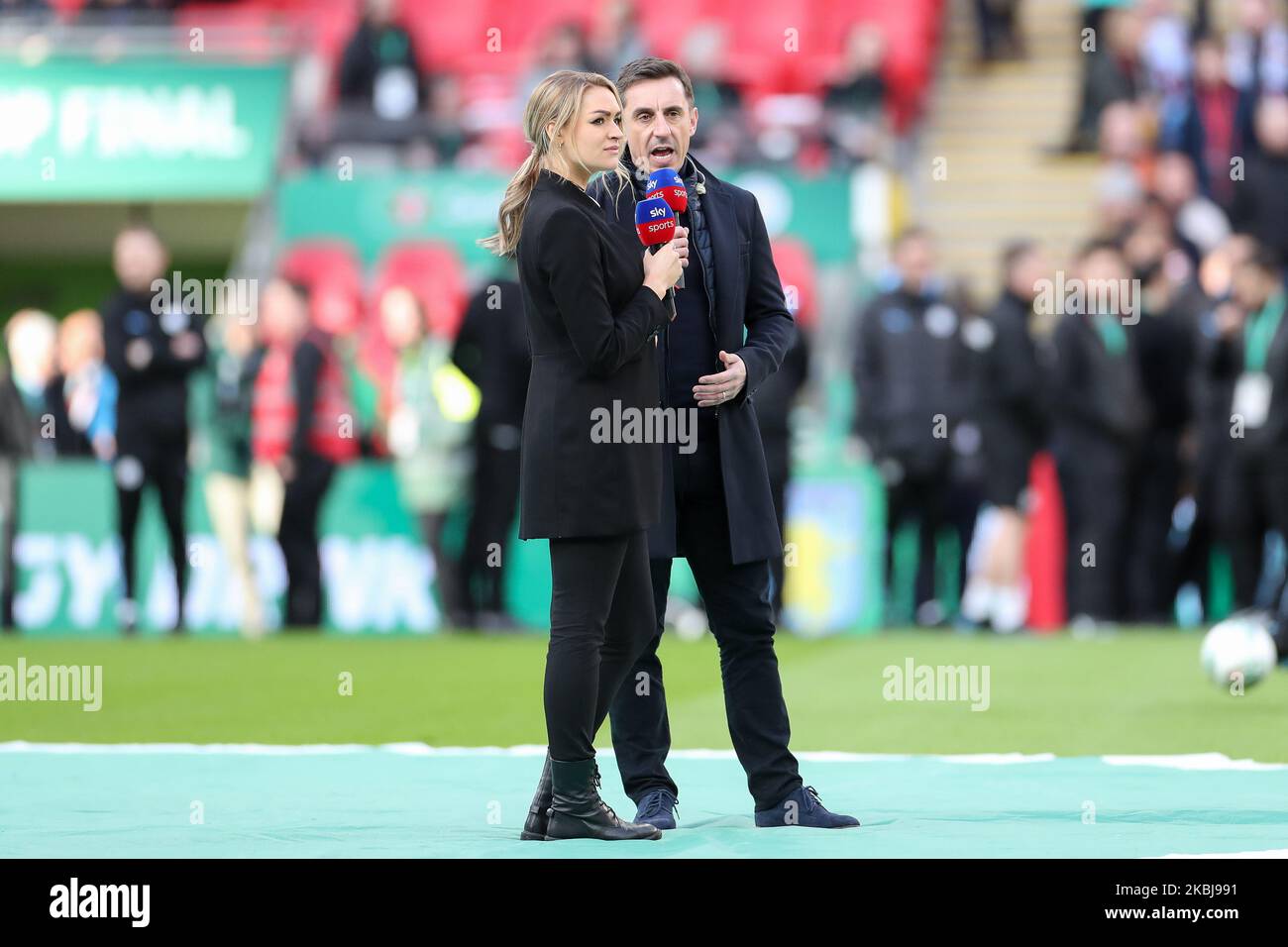 Sky's Laure Woods and Gary Neville during the Carabao Cup Final between Aston Villa and ...