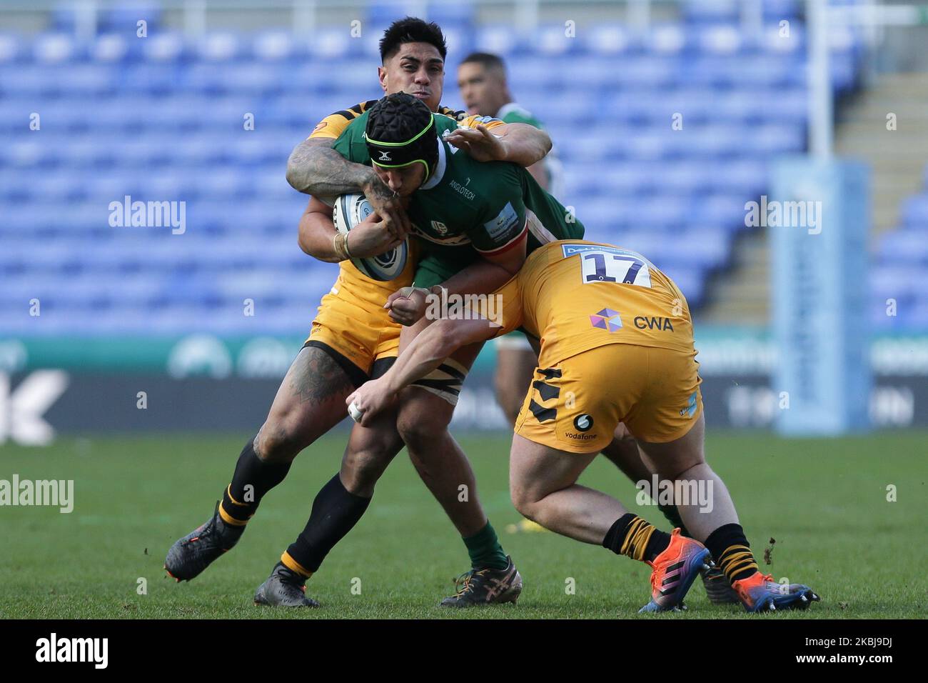 Nizaam Carr of Wasps Rugby and Tom West of Wasps Rugby tackling Adam ...