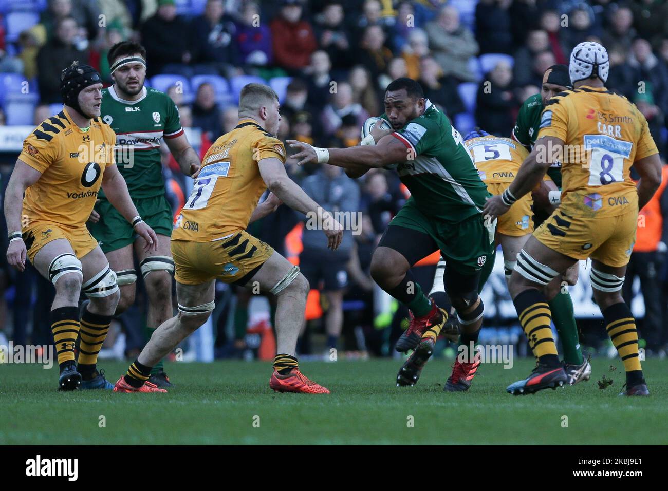 Albert Tuisue of London Irish getting tackled by Jack Willis of Wasps ...