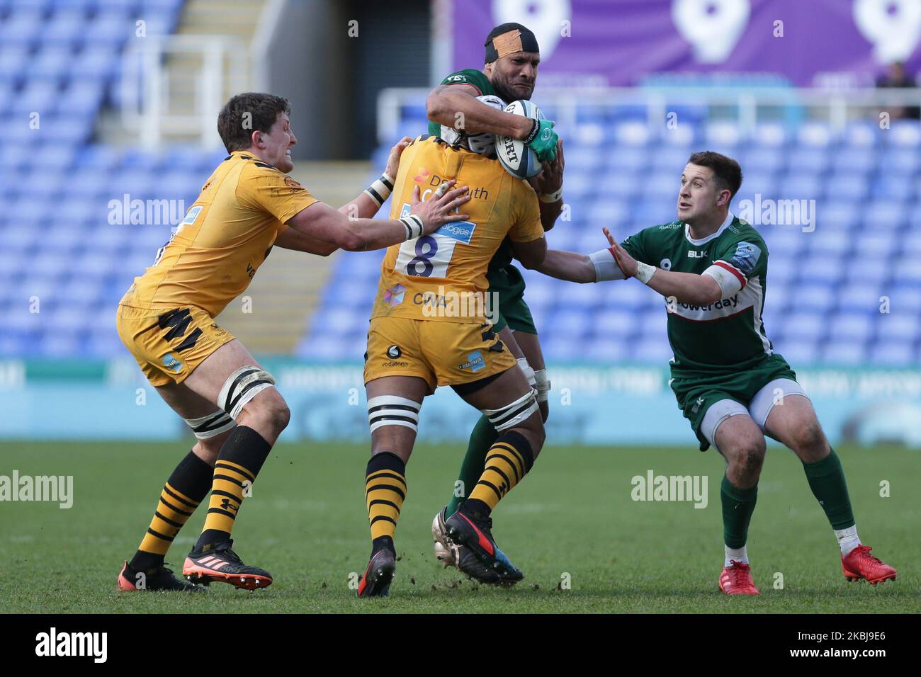 Motu Matu'u of London Irish getting tackled by Nizaam Carr of Wasps ...