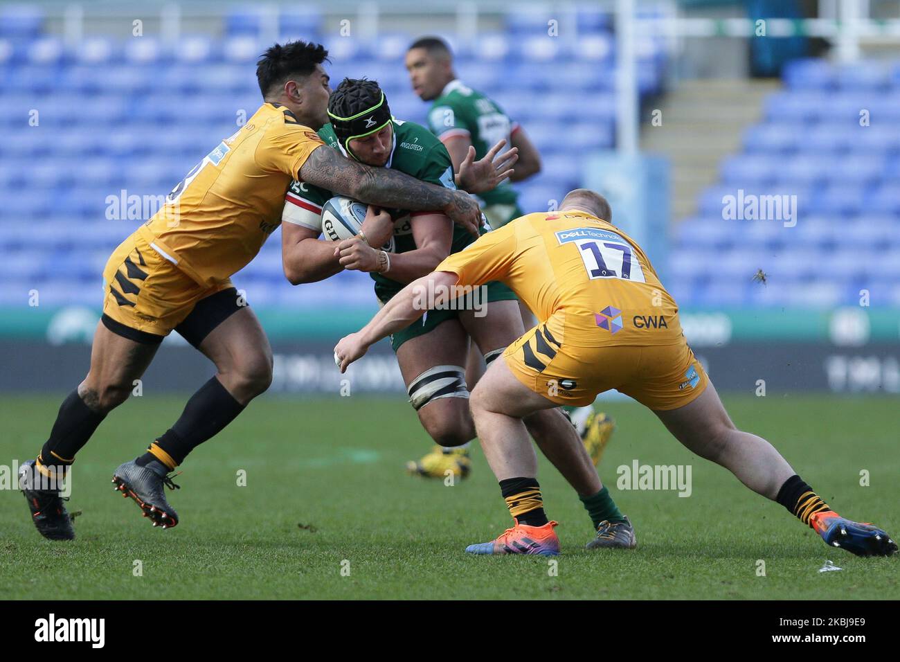 Nizaam Carr of Wasps Rugby and Tom West of Wasps Rugby tackling Adam ...