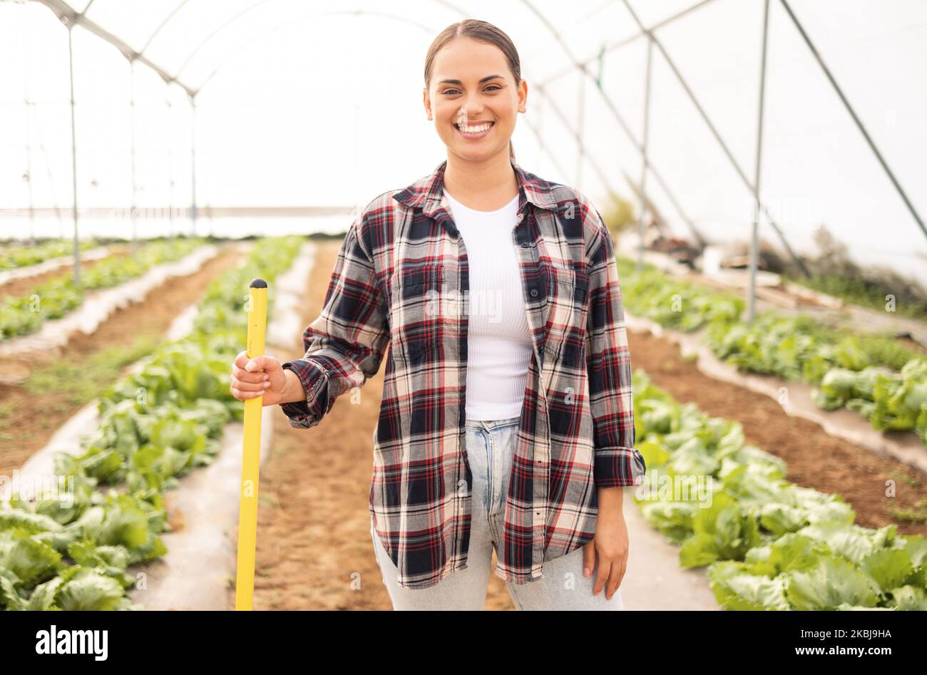 Farm, portrait and farming woman ready to harvest in garden for produce ...