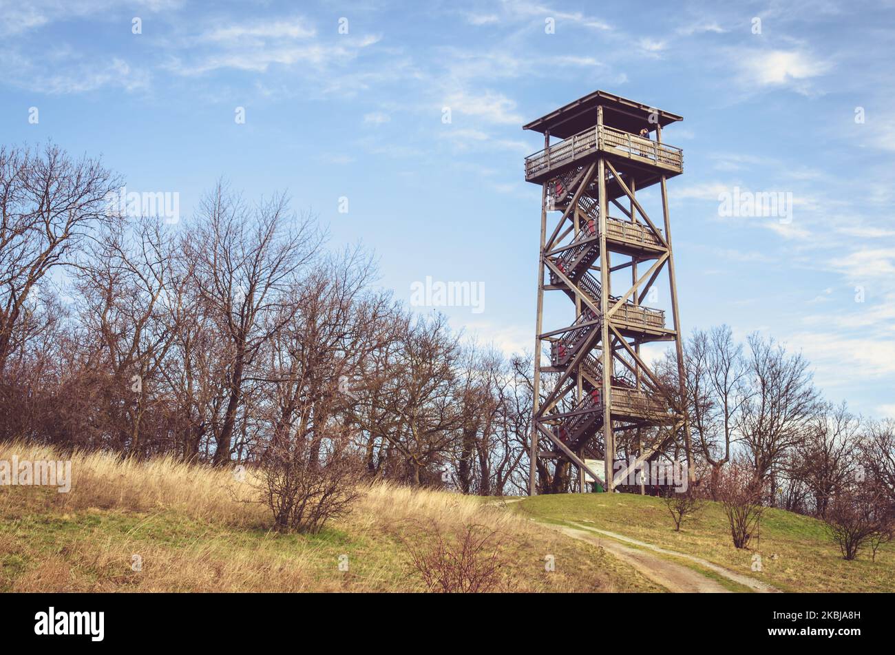 high wooden observation tower in the country Stock Photo - Alamy