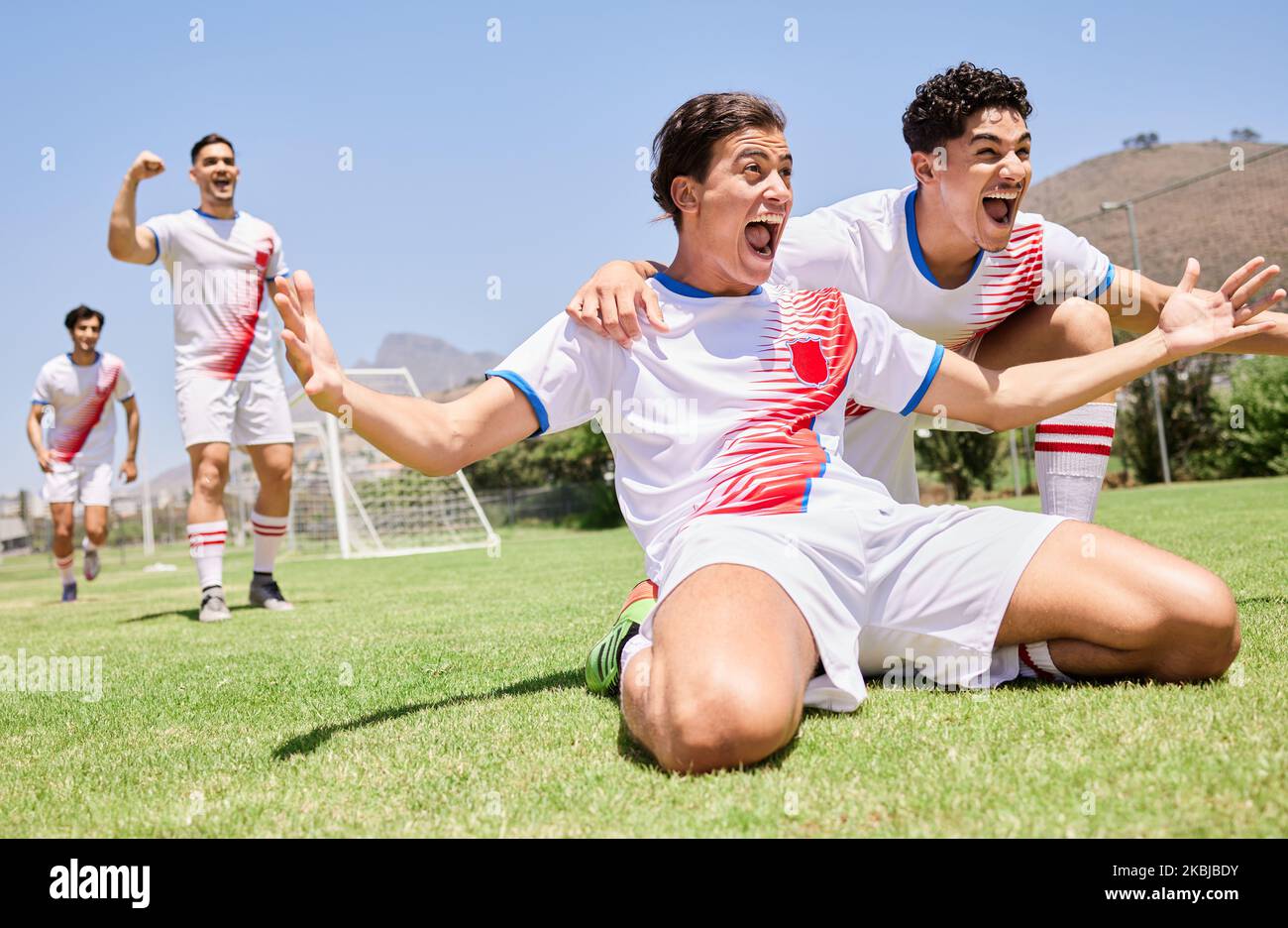 Winner, success and soccer competition team excited with game ...