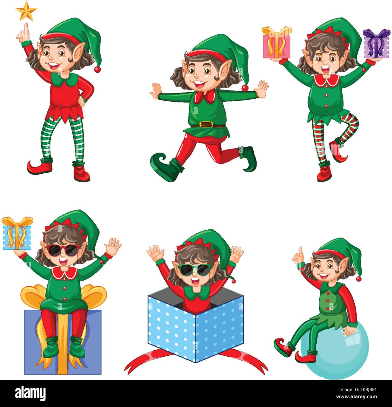 Cute kid wearing elf costume cartoon set illustration Stock Vector ...