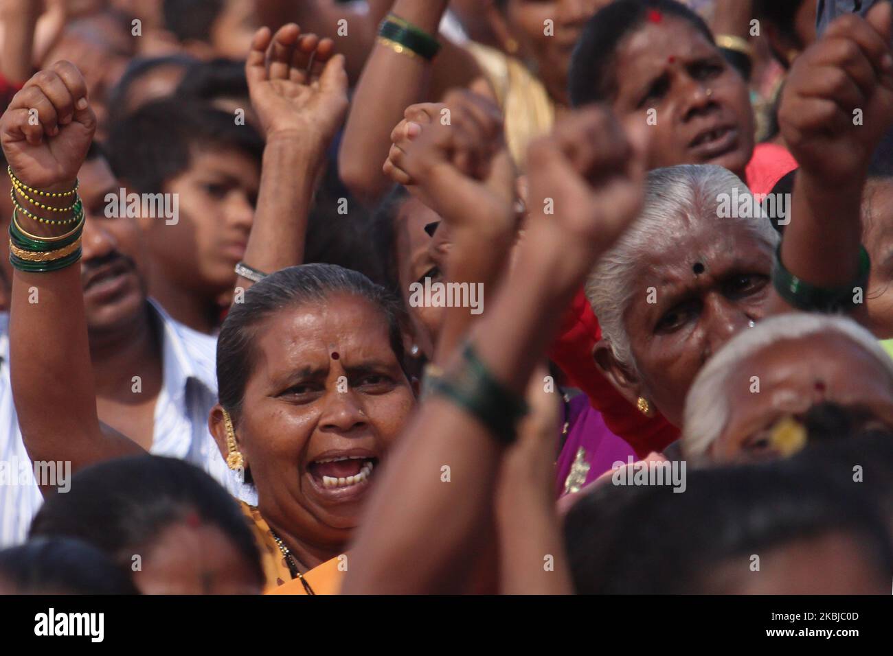 People from marginalised communities shout slogans during a protest ...
