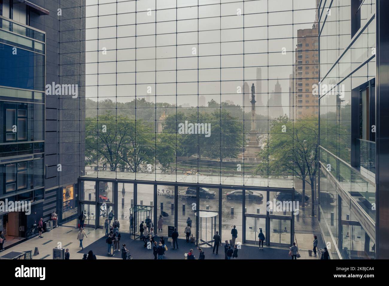 Looking out the window of shopping mall to Columbus Circle and Central ...