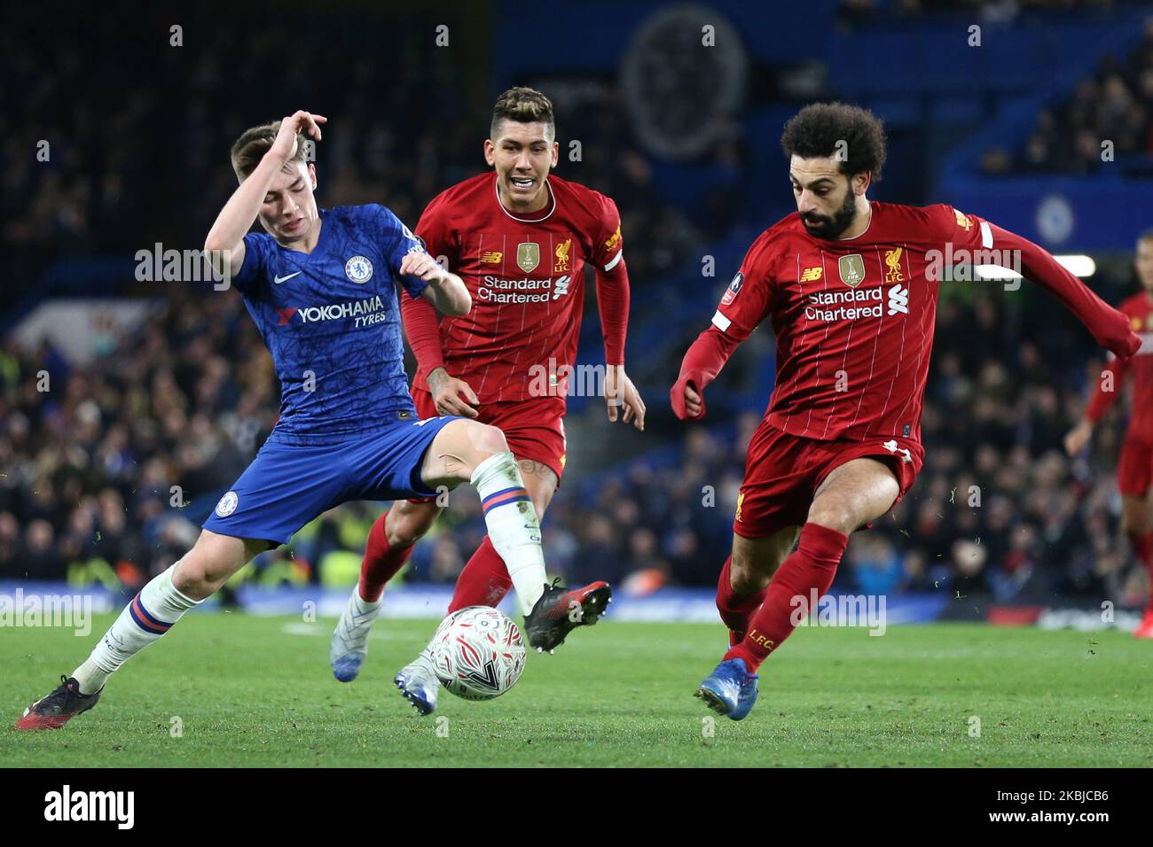 Billy Gilmour of Chelsea tackling Mohamed Salah of Liverpool during the ...