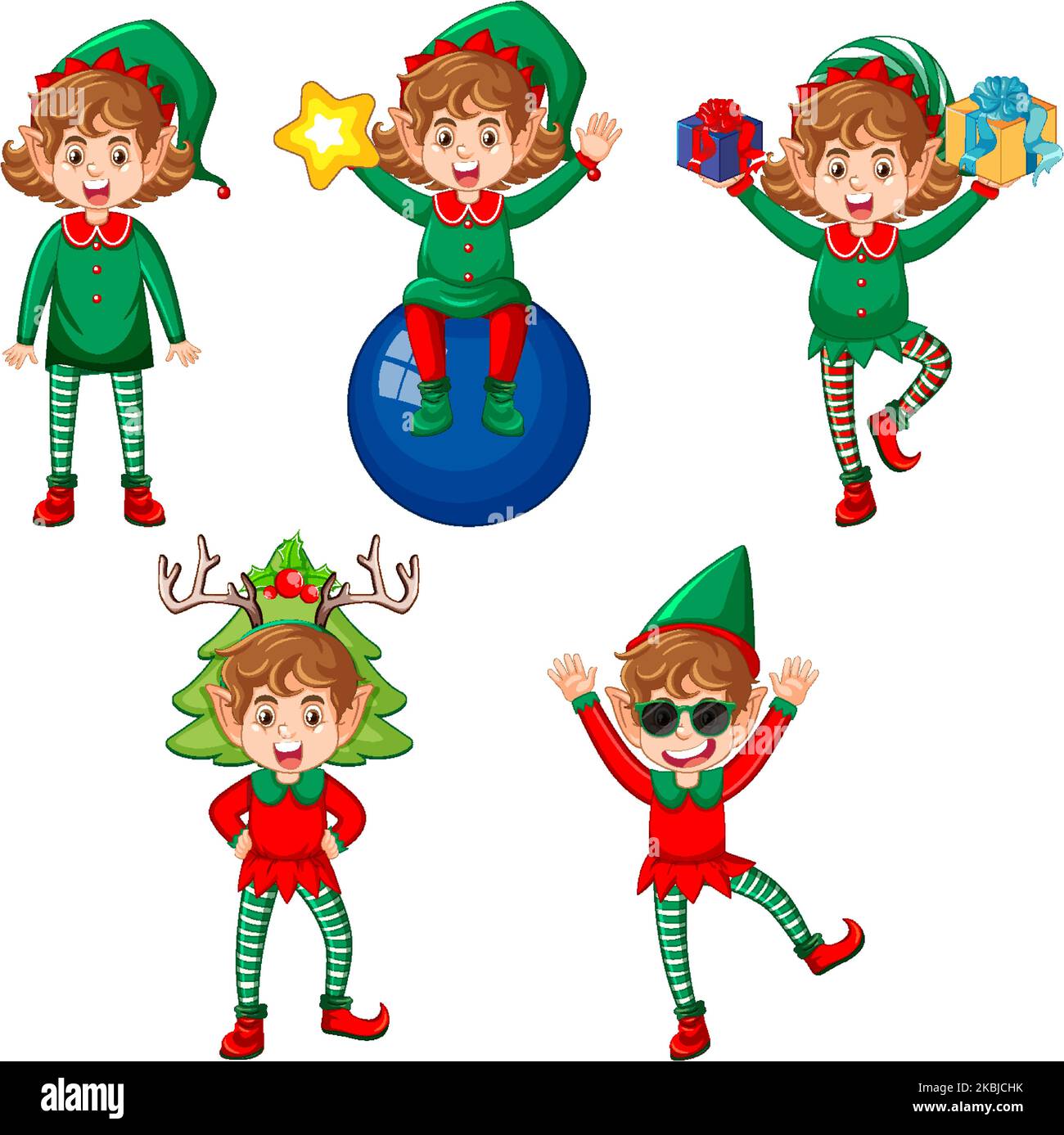 Cute kid wearing elf costume cartoon set illustration Stock Vector ...