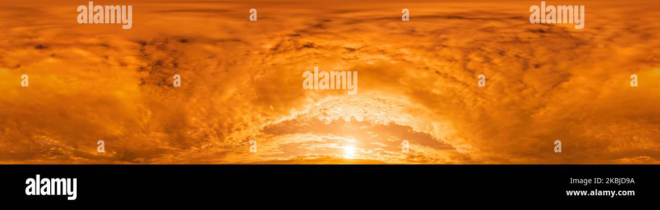 Golden glowing red orange overcast sunset sky panorama. Hdr seamless ...