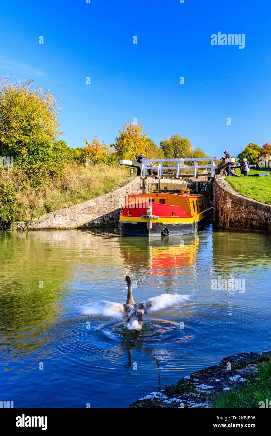 A colourful wide beam canal boat negotiating one of the 29 locks at ...