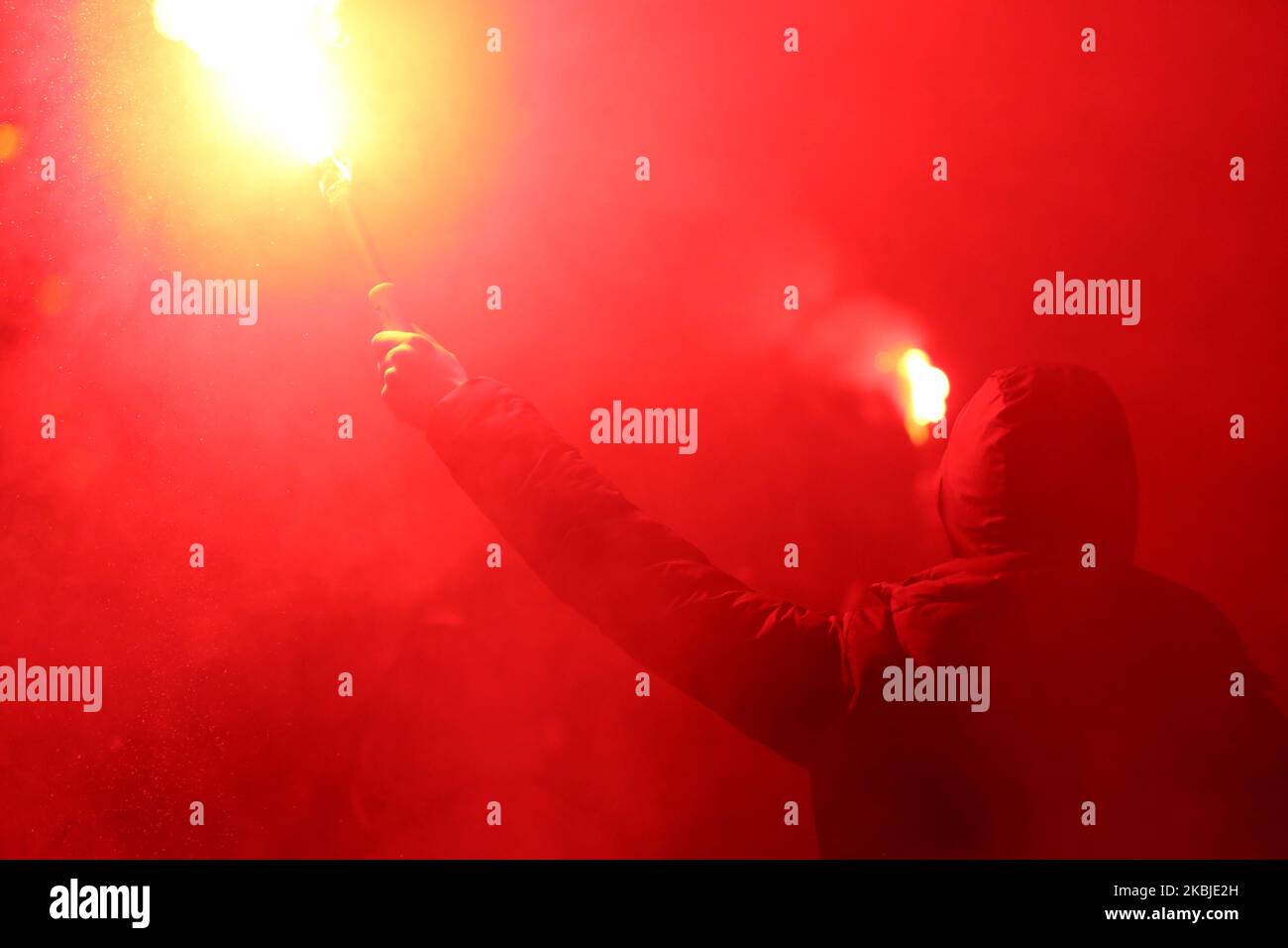 Utrecht fans celebrates with red flares before the 2019/20 TOTO KNVB ...
