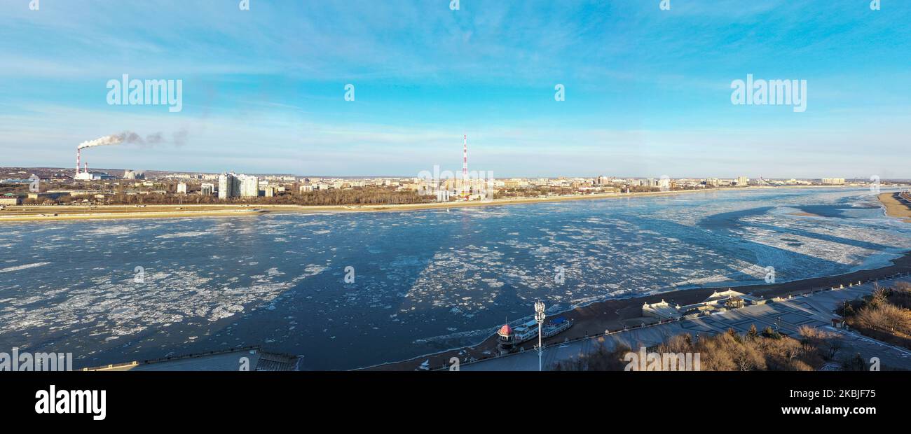 With the low temperature after snow, streams of drift ices have ...