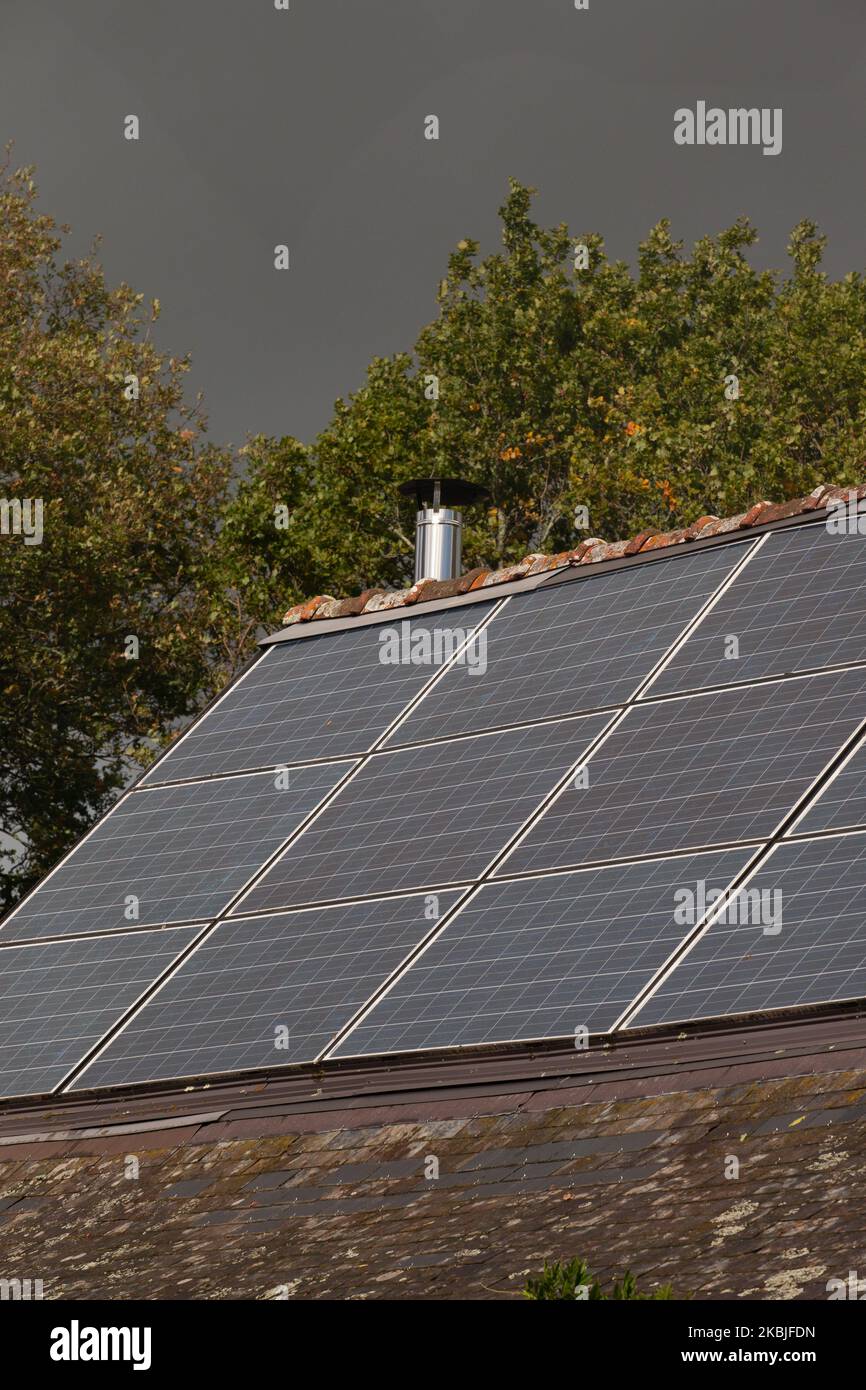 Solar panels produce electricity. A chimney outlet crowns the roof ...