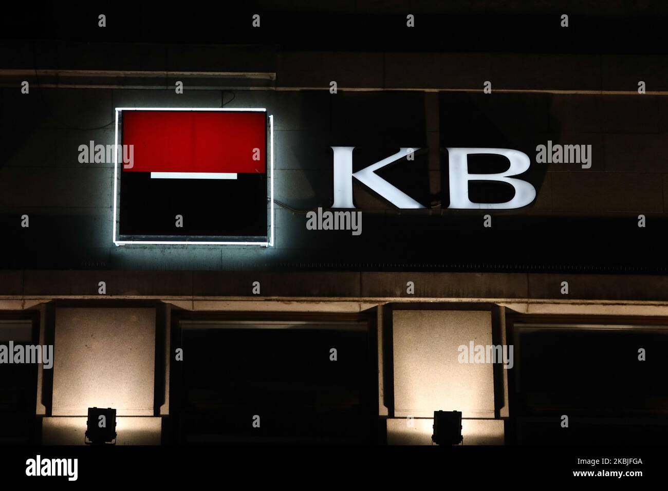 KB Bank logo is seen on the building in Prague, Czech Republic on March ...