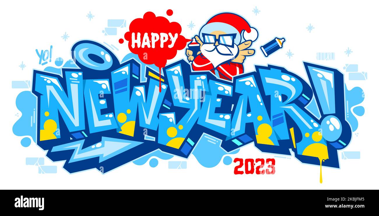 Trendy Happy New Year 2023 With Santa Claus In Graffiti Style Font ...