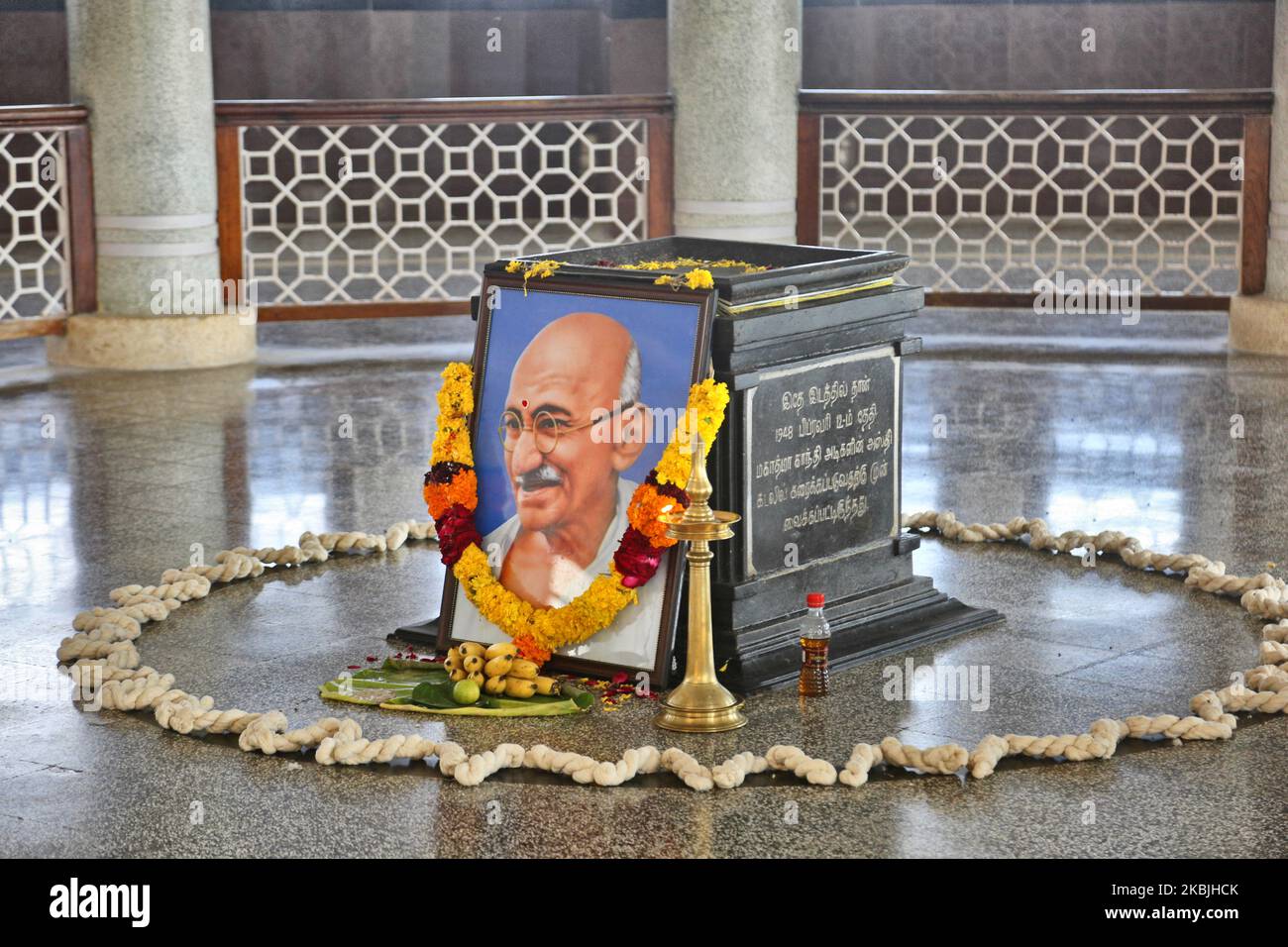 Garlanded picture of Mahatma Gandhi at the Gandhi Mandapam located in ...