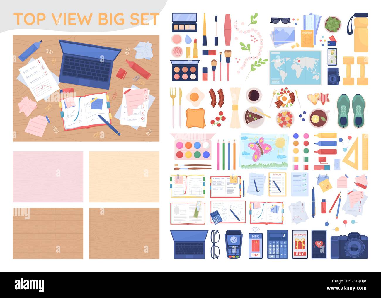 Top view items 2D vector isolated illustrations big set Stock Vector ...