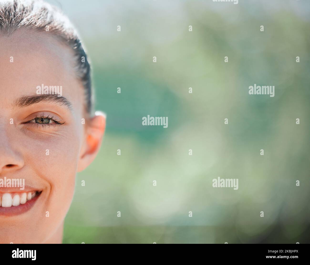 Woman, half face or mockup space in climate change marketing, planet ...