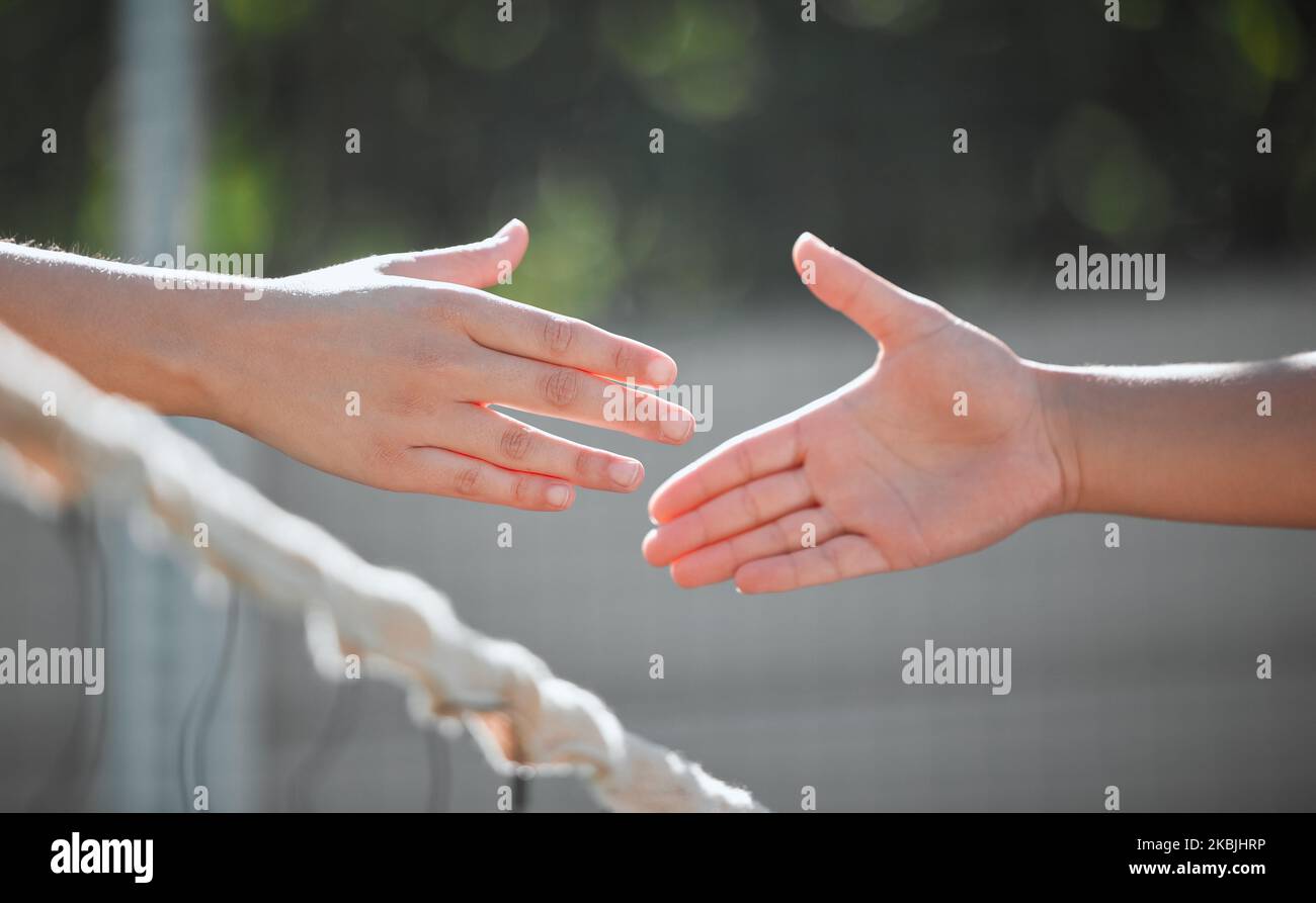 Tennis, shaking hands and sports court competition, challenge and ...
