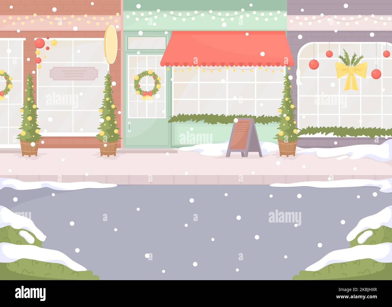 Town street with falling snowflakes flat color vector illustration ...