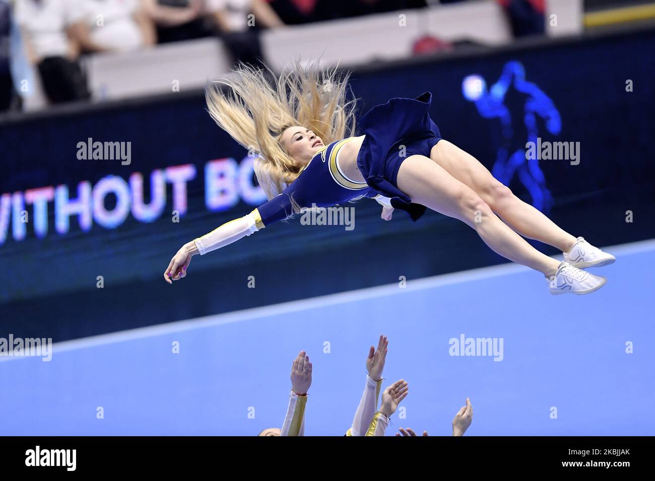 A dancer performs during the pause of the game during EHF Champions ...