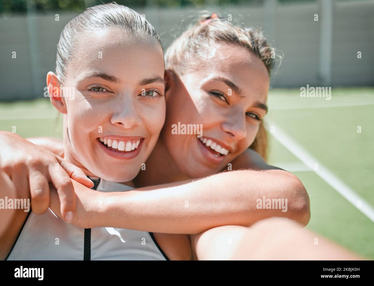 Tennis, friends and sport selfie of women with a smile ready for a ...