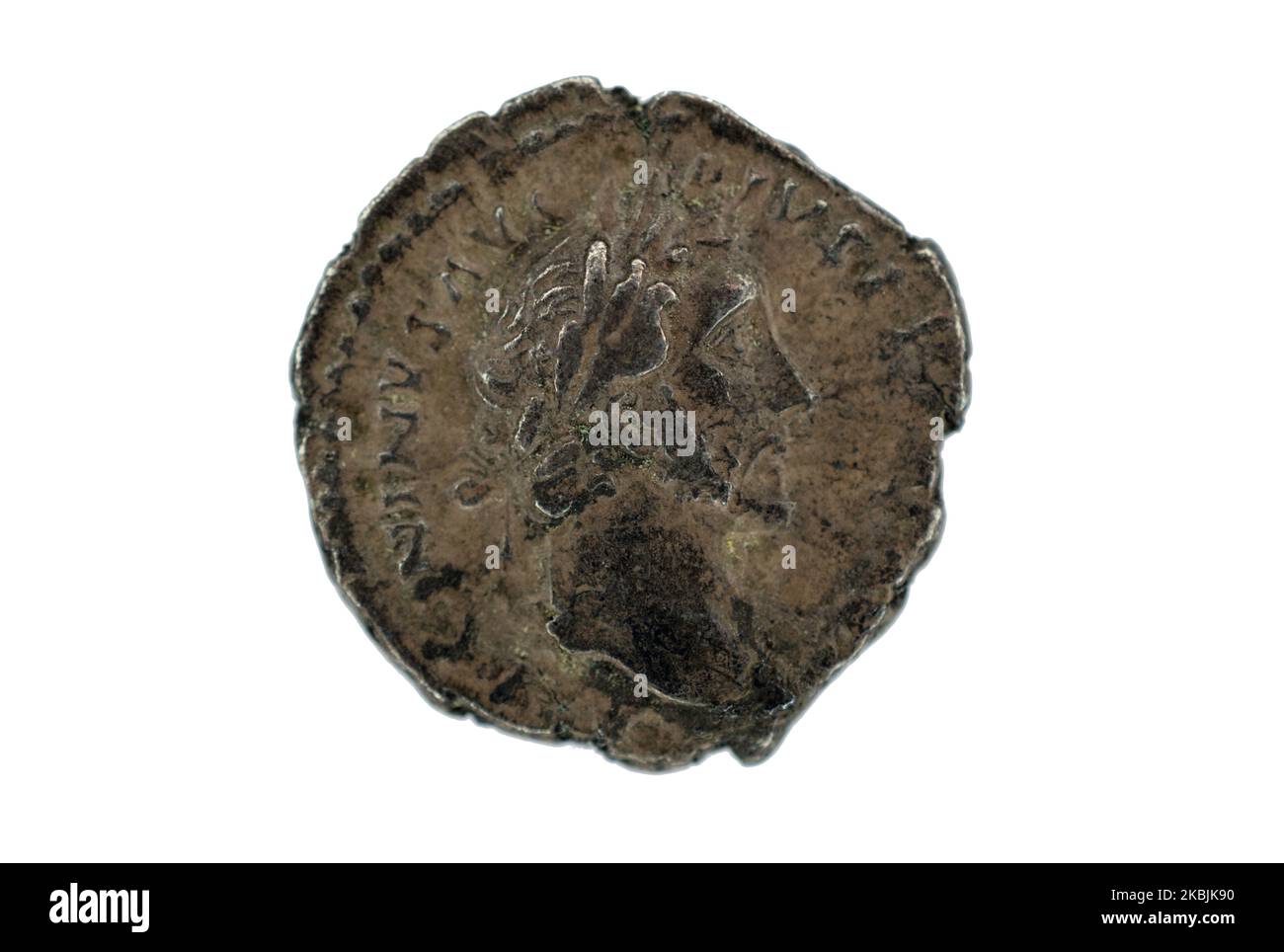 The obverse of a Roman coin, a sestertius showing Antoninus Pius (c ...