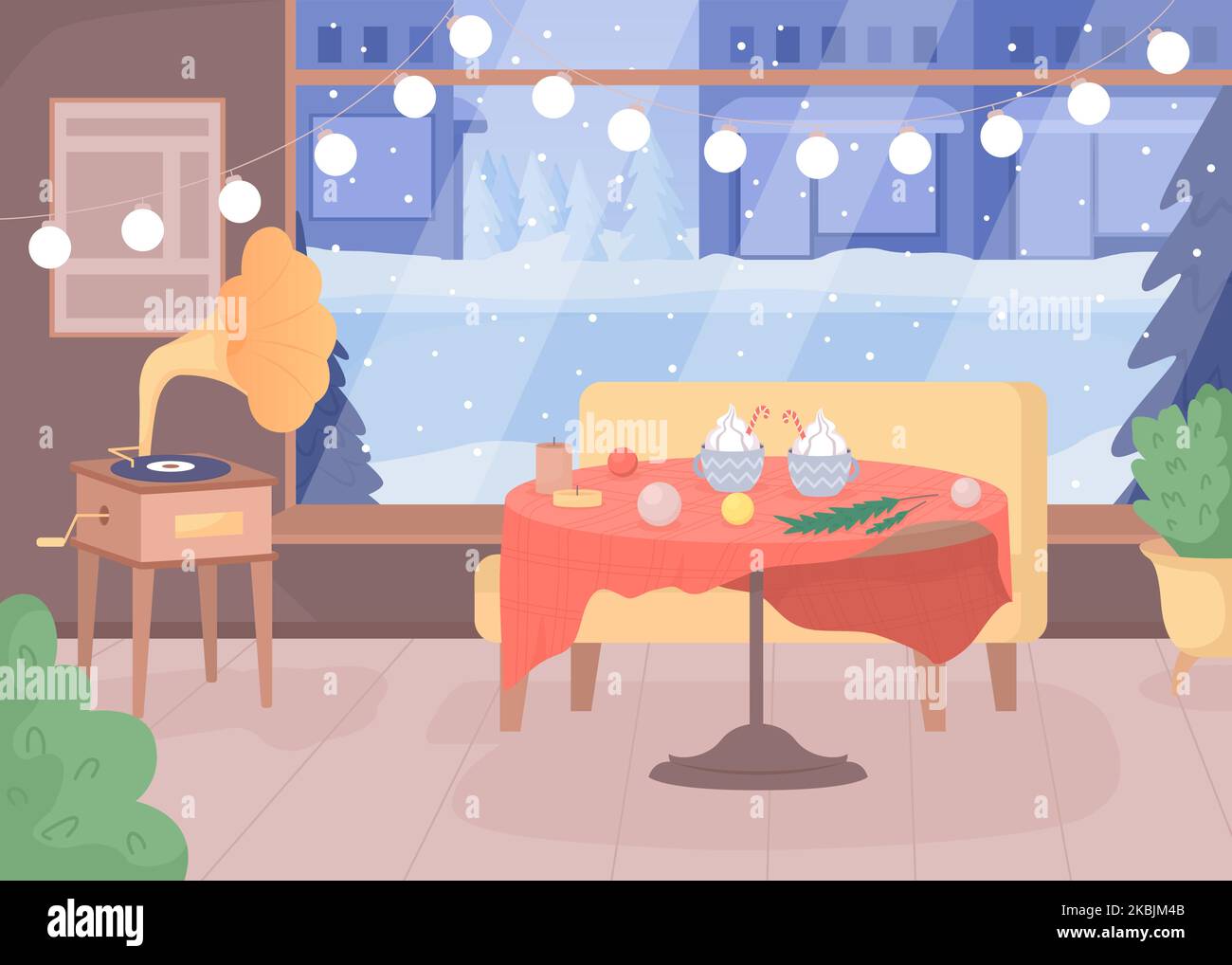 Coffee shop decorating for Christmas flat color vector illustration ...