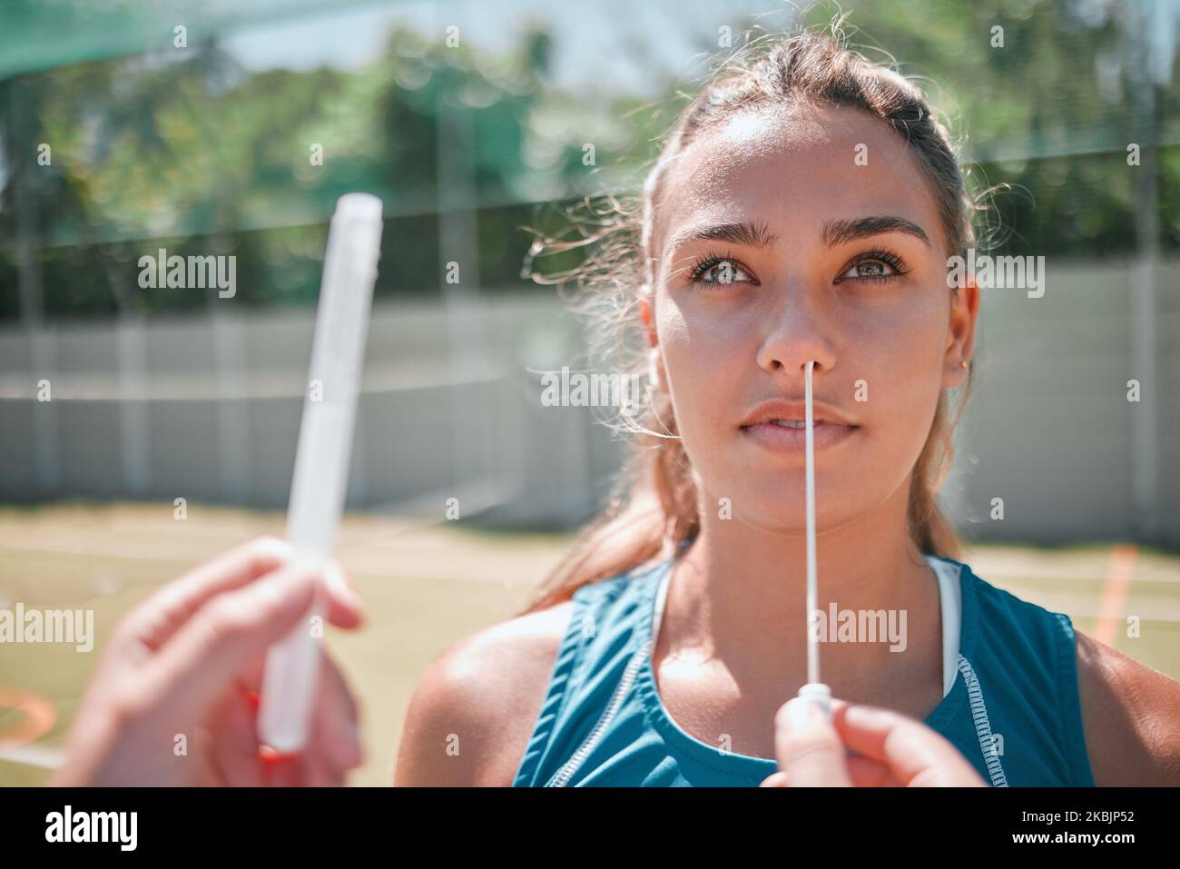 Pcr test, covid and fitness woman on sports court for international law ...