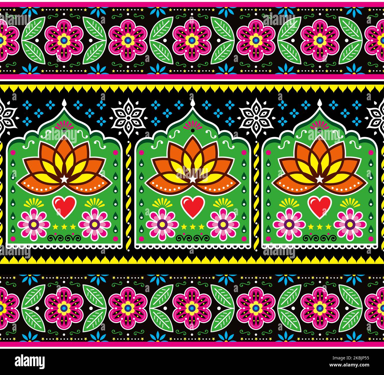 Pakistani or Indian truck art seamless vector pattern with lotus ...