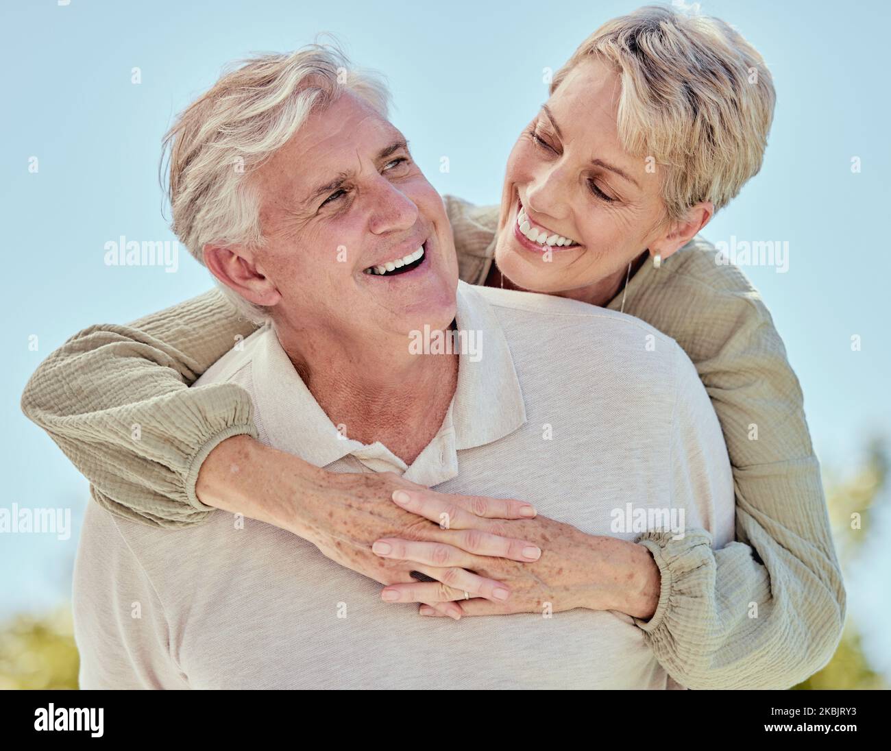 Senior, couple and hug with happiness of elderly people loving ...