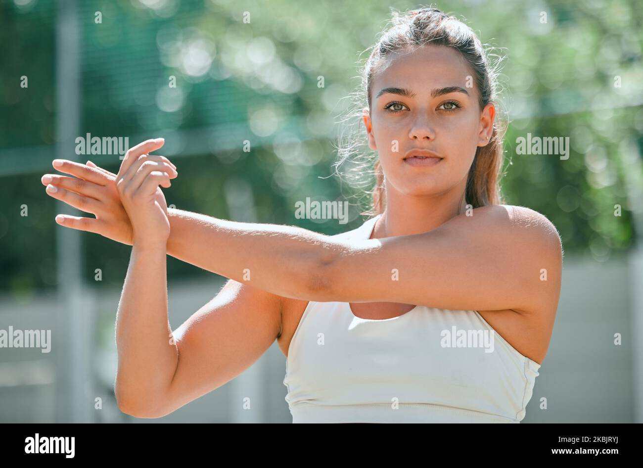 Portrait of woman, stretching hands and training for lifestyle fitness ...