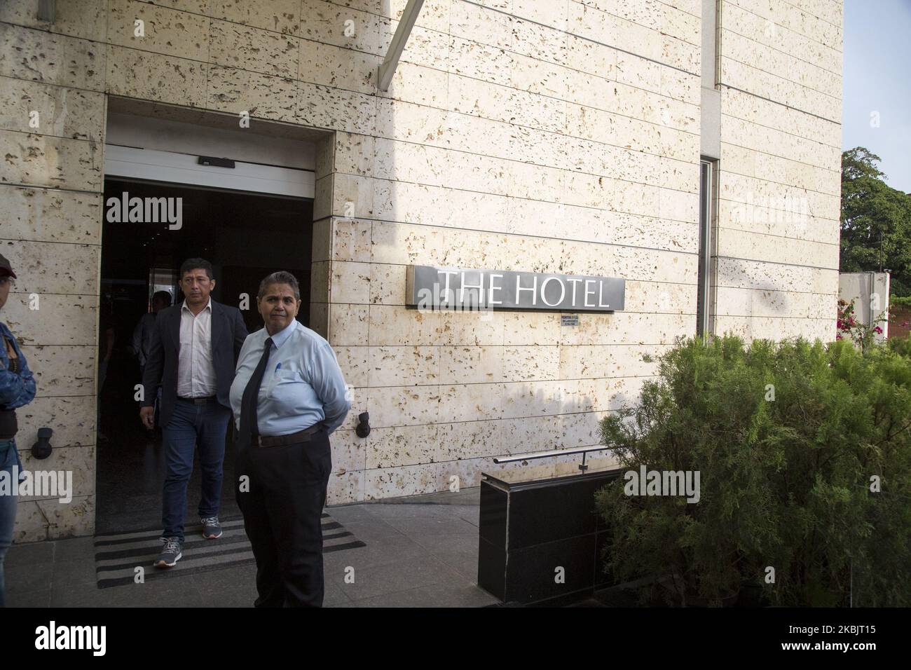View of the front door of The Hotel, where member of FAES (Fuerzas de ...