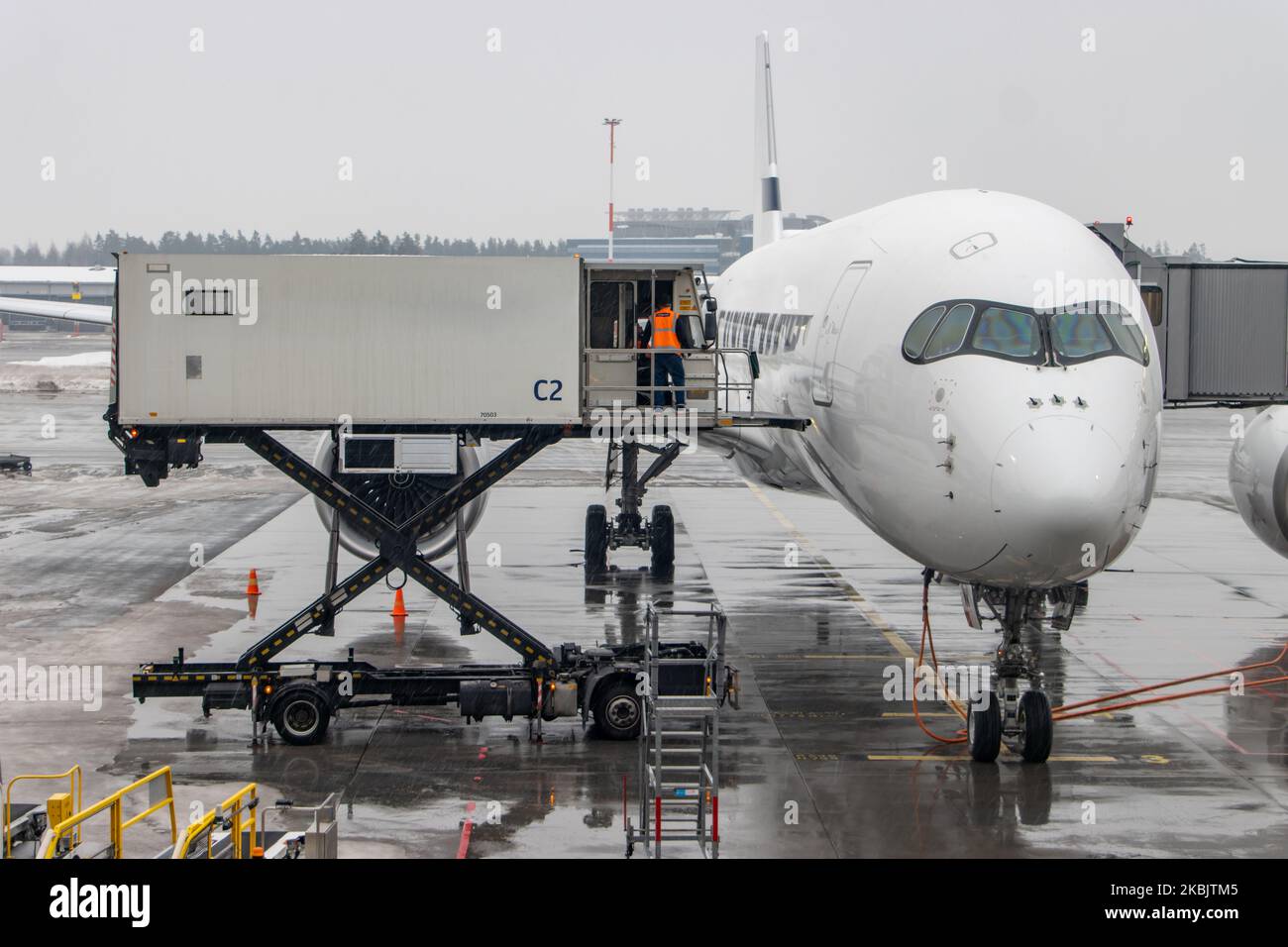 Workers load carts to an airliner at the winter Airport Stock Photo - Alamy