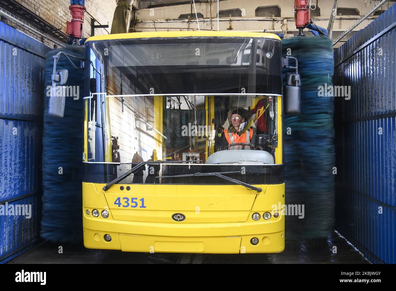Washing of a trolleybus at the territory of a trolleybus park in Kyiv ...
