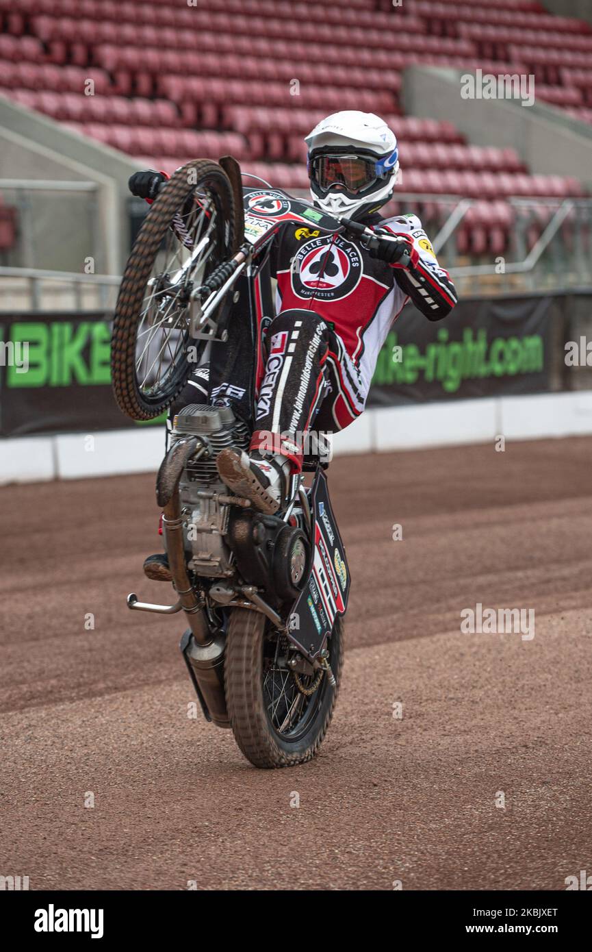 Jaimon Lidsey of Belle Vue Aces pulls a wheelie during The Belle Vue ...