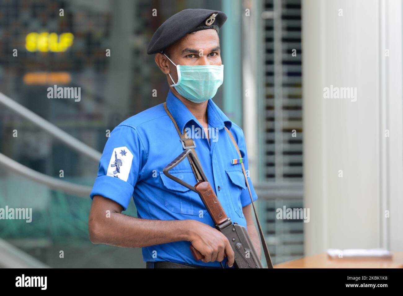Sri Lankan Military personnel wearing a protective mask in Colombo, Sri ...