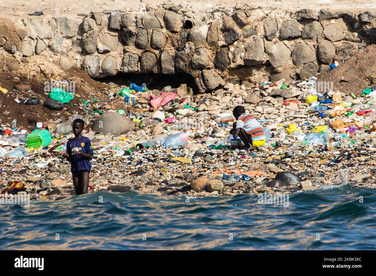 Aa plastic pollution on a beach in Dakar, Senegal on March 4, 2020 ...