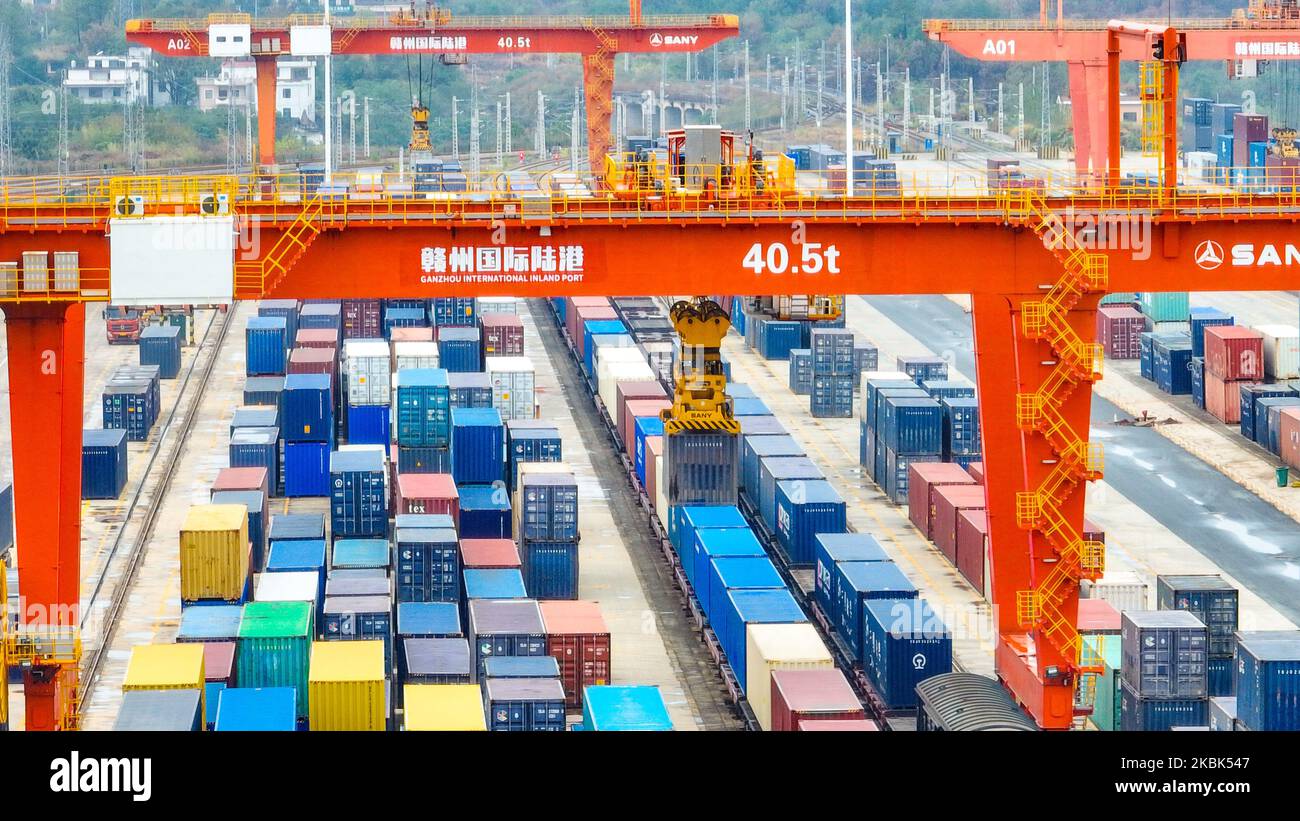Aerial photos show the containers for import and export cargo are in ...